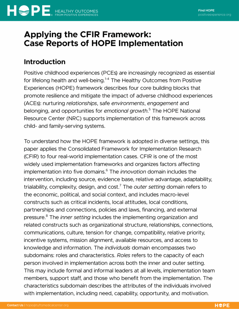 Applying the CFIR Framework: Case Reports of HOPE Implementation ...